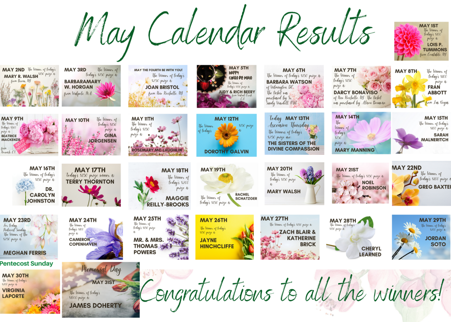 May Calendar Winners - URSULINES of The Eastern Province